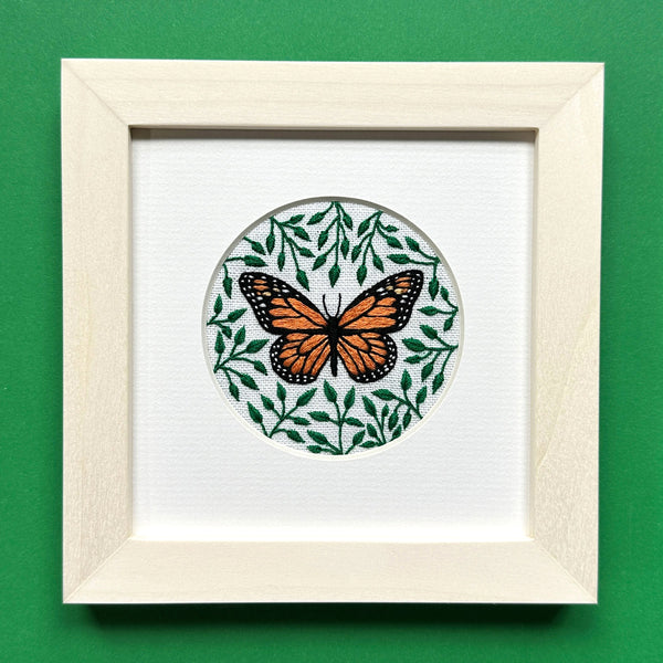 Monarch Butterfly on Cream Linen Hand Embroidered Art - Happy Cactus ...