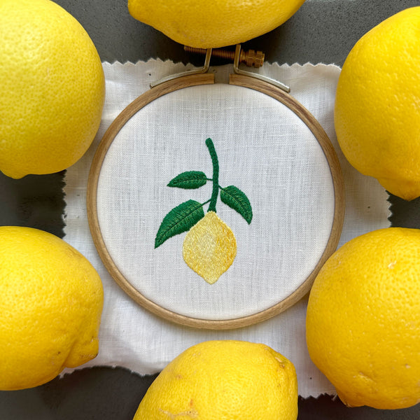 Lemon Fruit on White Linen Hand Embroidered Art - Happy Cactus Designs