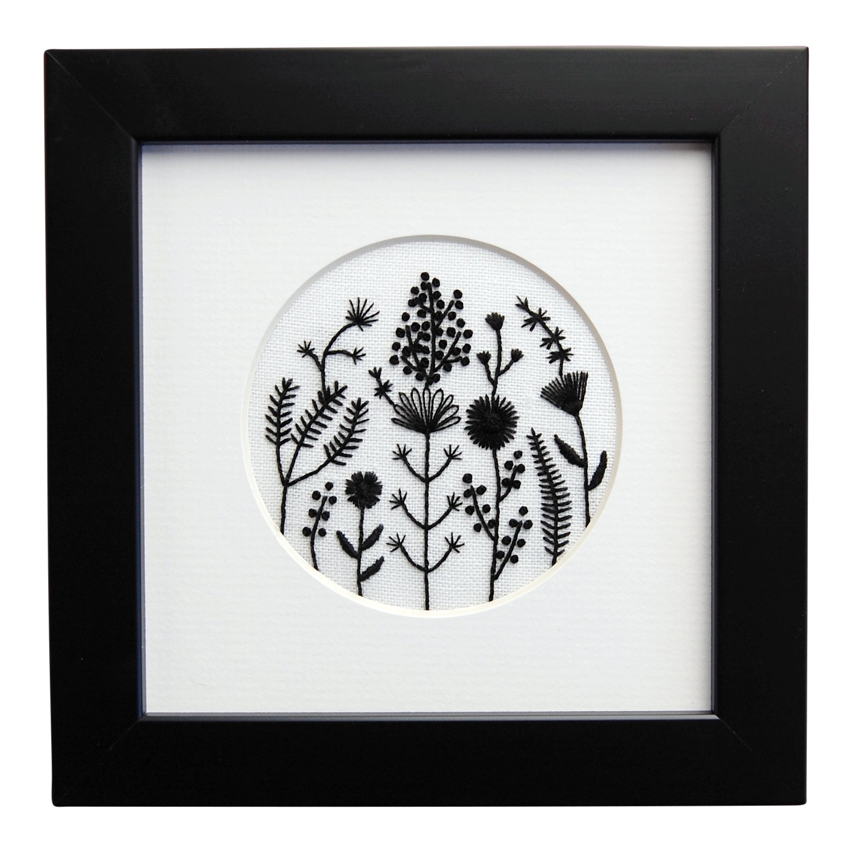 Monochromatic Black Flowers on White Linen Style 1 Hand Embroidered Ar ...