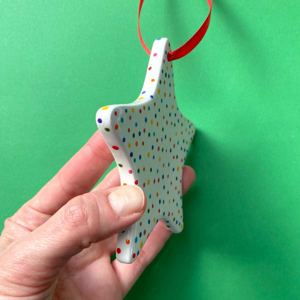 Rainbow Dot - Hand Painted Star Ornament - Happy Cactus Designs