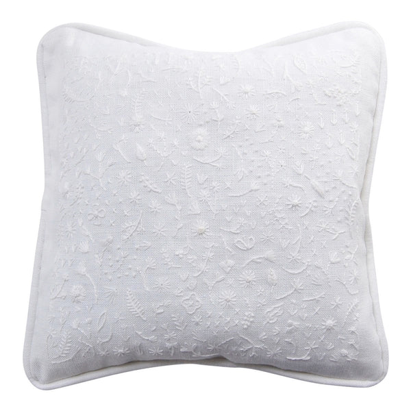 Hand Embroidered White Flowers Pillow on White Linen - Happy Cactus Designs