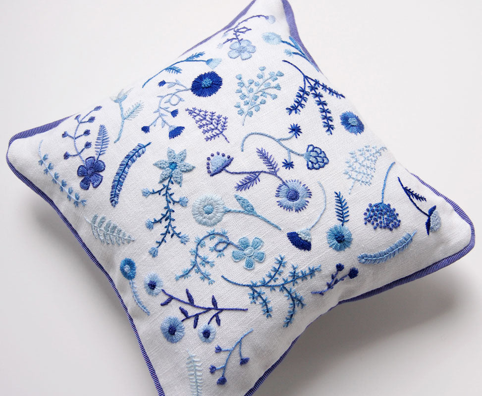 Hand Embroidered Blue Flowers Pillow - Happy Cactus Designs