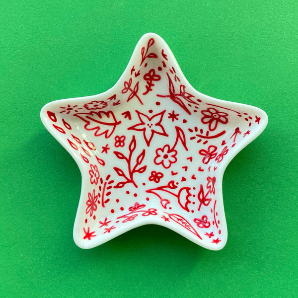 Red Floral - Hand Painted Porcelain Star Dish - Happy Cactus Designs